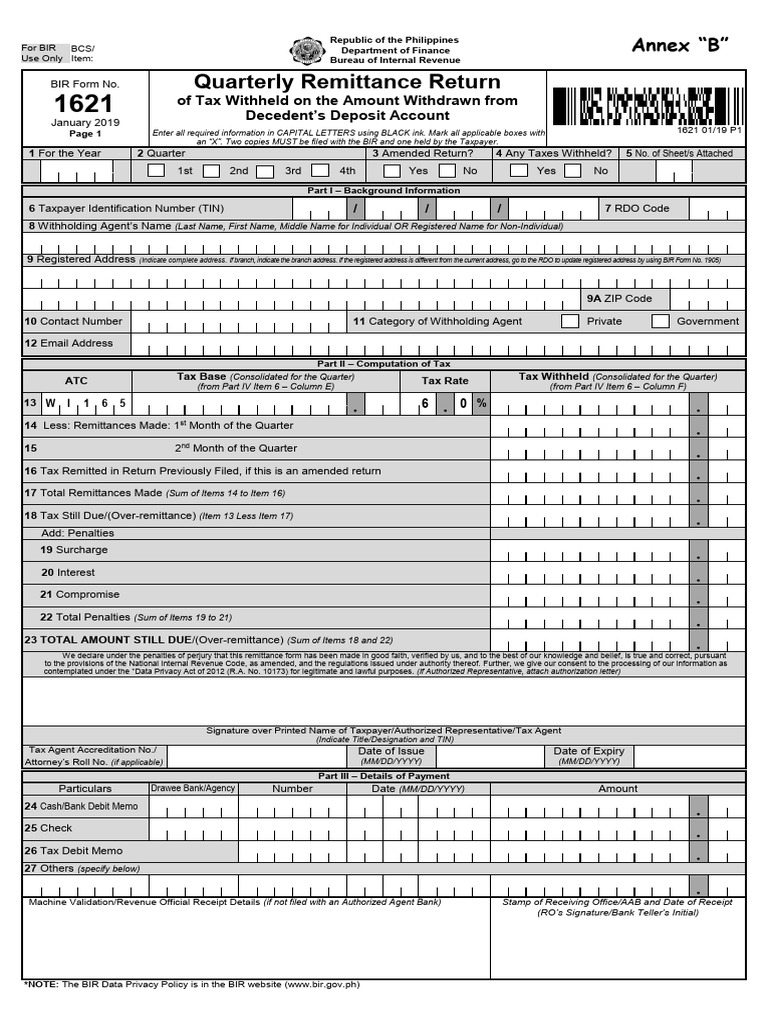 BIR Form 1621: Tax Withheld Return | PDF | Taxes | Payments