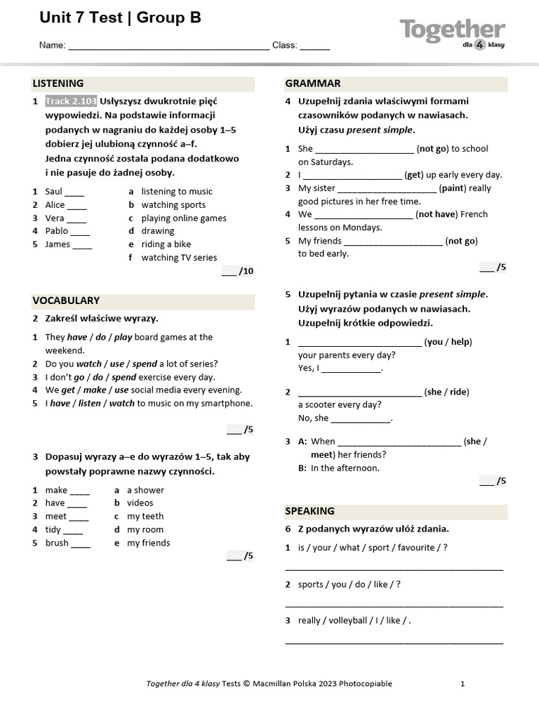 Together kl4 U7 Unit Test Standard B | PDF | Career & Growth | Language ...