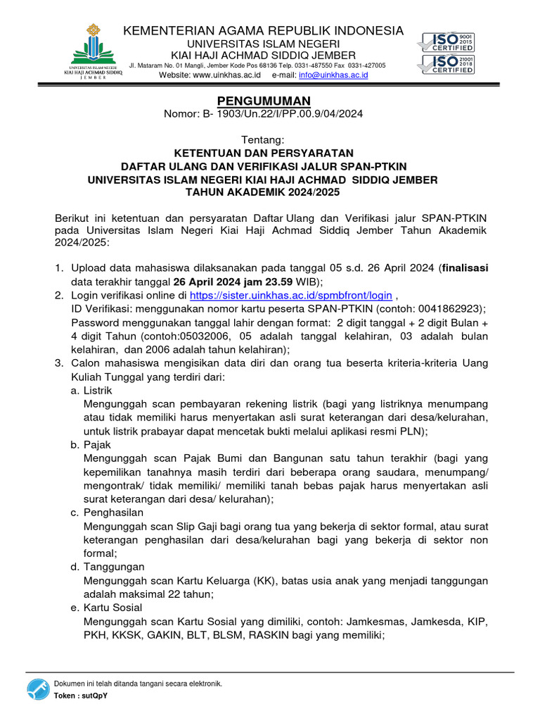 Pengumuman Daftar Ulang Dan Verifikasi Online Jalur Span-Ptkin 2024 | PDF