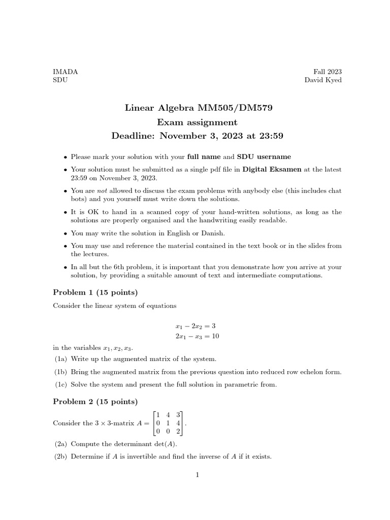 MM505 DM579 Linear Algebra Exam 2023 | PDF | System Of Linear Equations ...