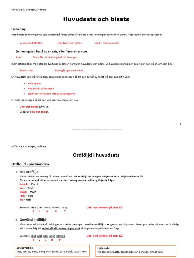 Huvudsats Och Bisats - Hela Materialet | PDF