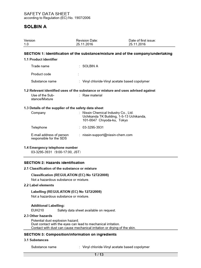 Safety Data Sheet for SOLBIN A | PDF | Toxicity | Dangerous Goods