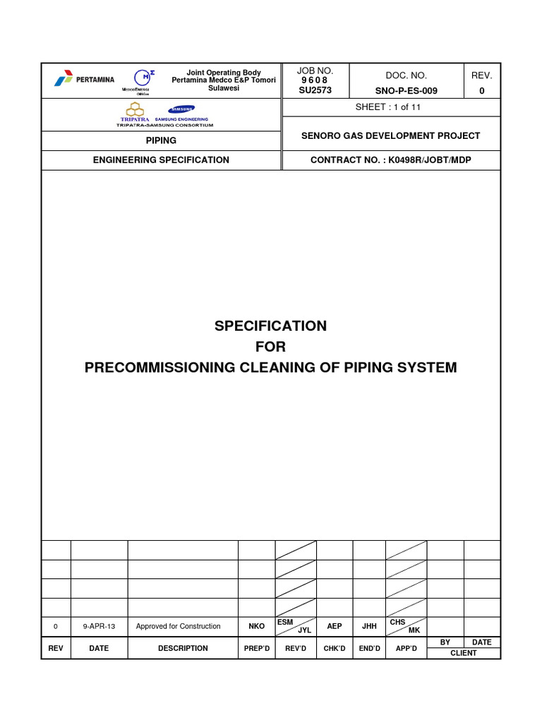 SNO-P-ES-009 Specification For Precomm Cleaning of Piping System Rev ...