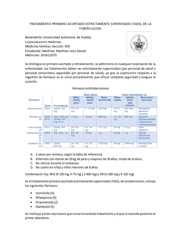 Tratamiento TAES para Tuberculosis | PDF | Medicina CLINICA | Cuidado ...