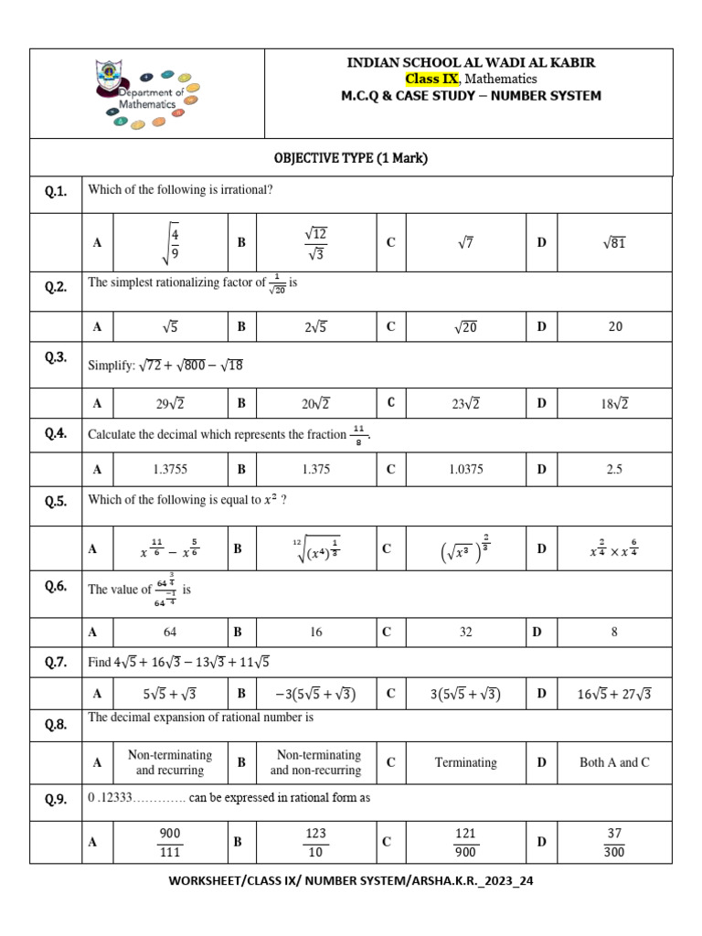 6761886-CL 9_WS 2_NUMBER SYSTEM_ARSHA.K.R._2023_24 | PDF | Numbers | Rational Number