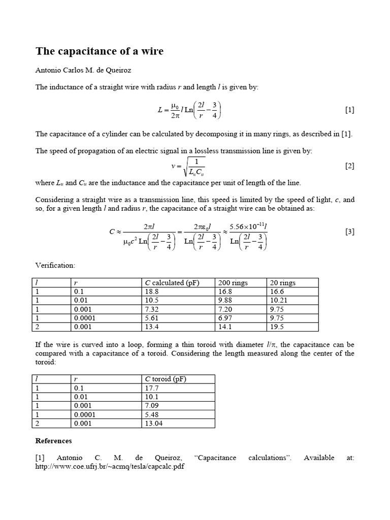 The Capacitance Of A Wire Pdf Inductance Transmission Line