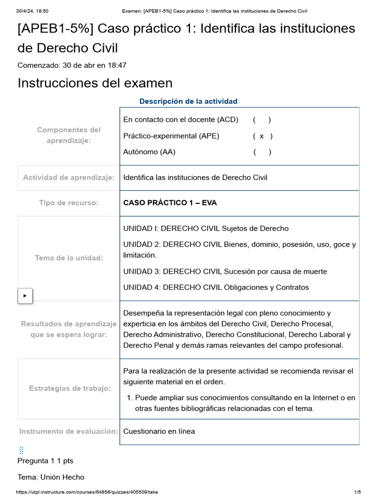 Examen - (APEB1-5%) Caso Práctico 1 - Identifica Las Instituciones de Derecho Civil | PDF ...