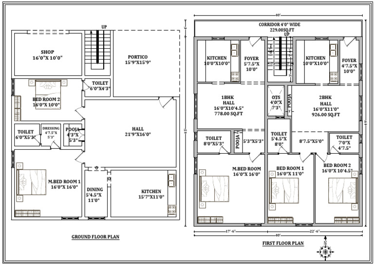 40x45 House Plan with 3 Bedrooms | PDF