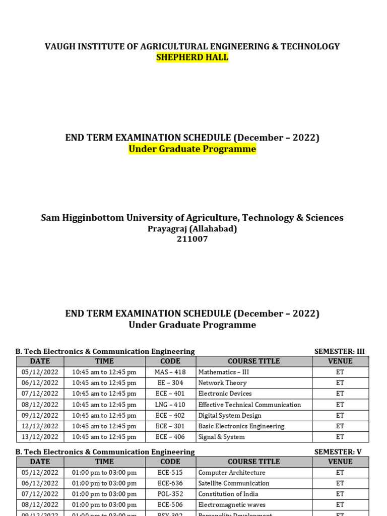 End Term Examination Schedule Shepherd Hall - Dec 2022 | PDF ...