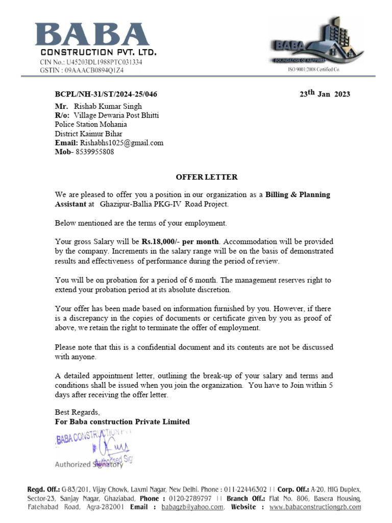 Rishab Kumar Singh Billing Asst. Offer Letter | PDF Rishab Kumar Singh Billing Asst. Offer Letter | PDF