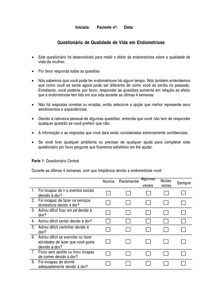 Questionário Endometriose Baseado No EHP-30 | PDF | Dor | Relação sexual