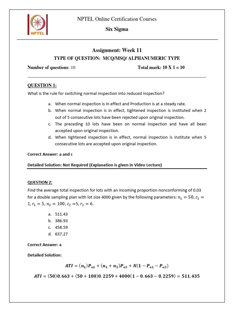 Six Sigma - WEEK 11 - ASSIGNMENT JAN-APRIL 2024 | PDF | Standard ...
