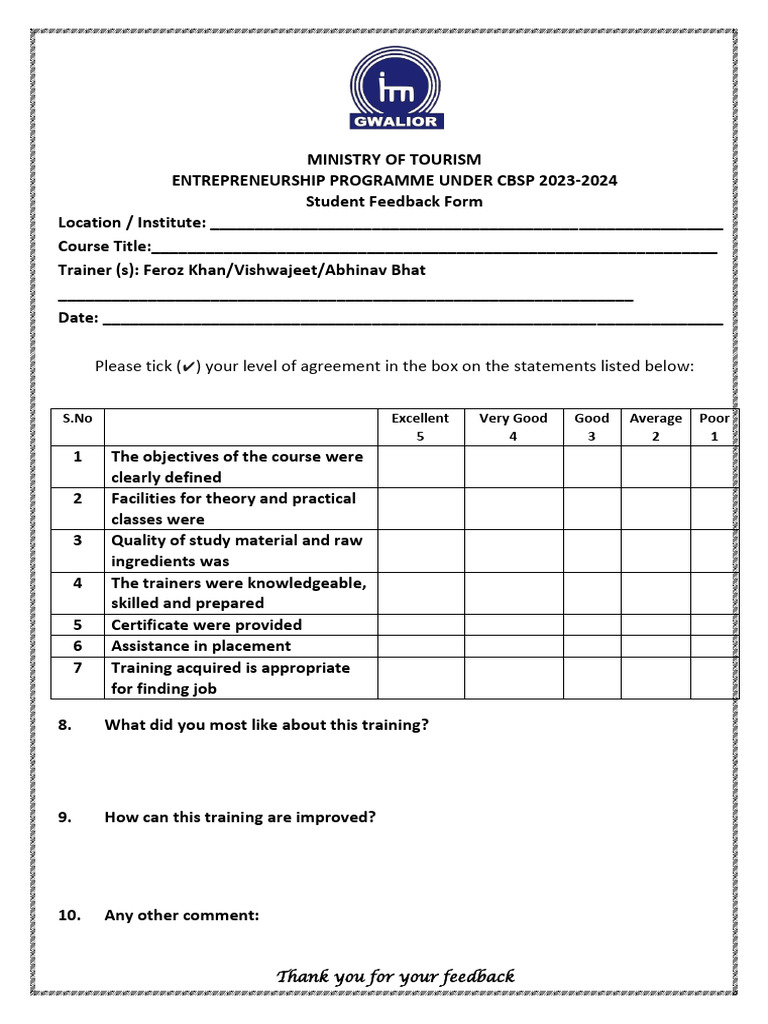 Entrepreneurship Program - Feedback Form | PDF