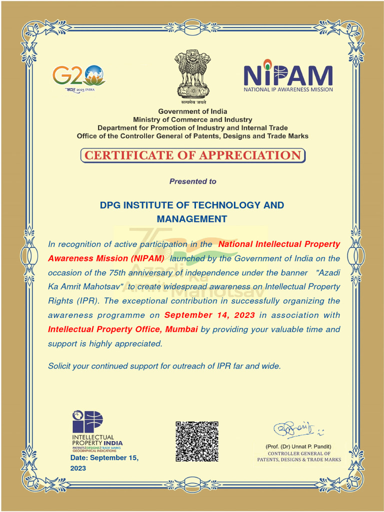 Certificate of Appreciation IPR Awareness Program 2023 | PDF