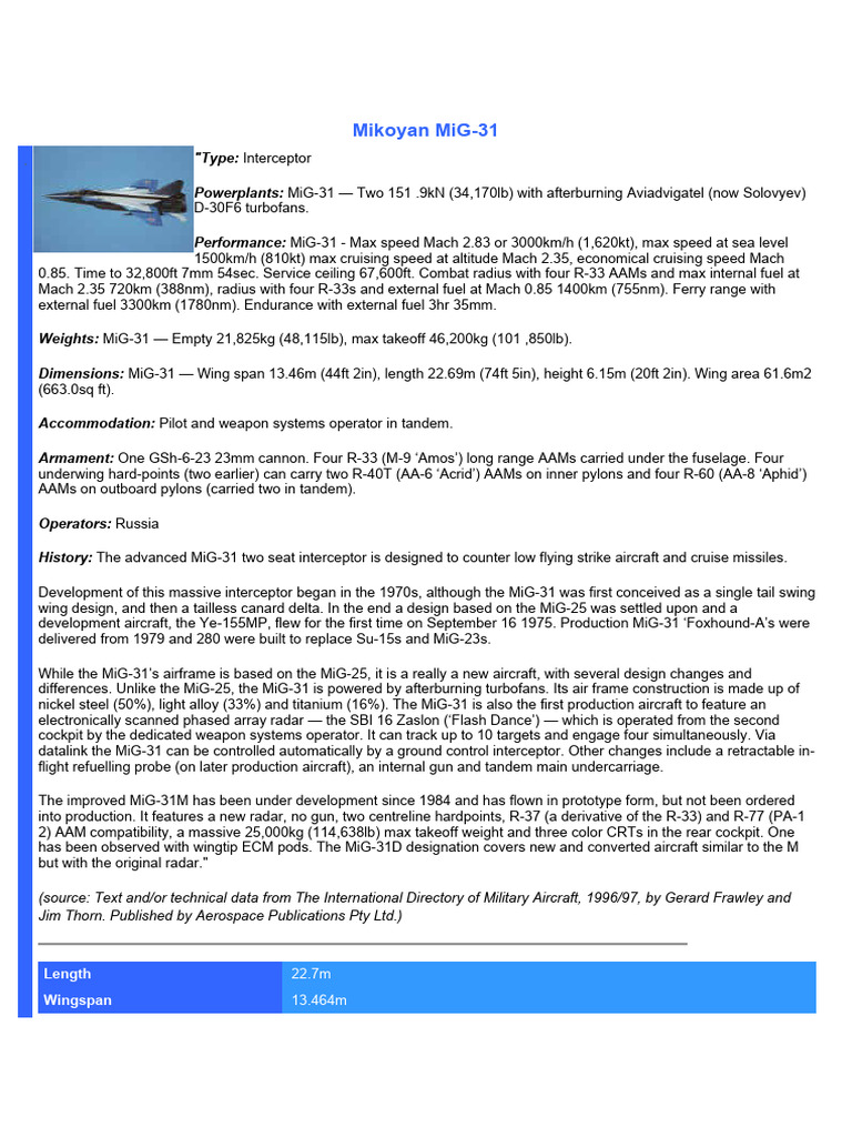 Mikoyan MiG - 31 | PDF | Interceptor Aircraft | Aviation