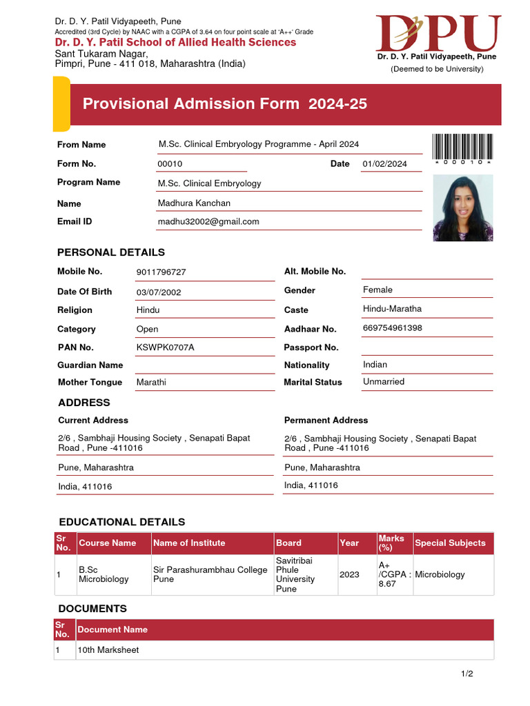 Provisional Admission Form 2024-25: Dr. D. Y. Patil School of Allied Health Sciences | PDF