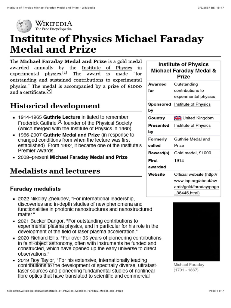 Institute of Physics Michael Faraday Medal and Prize - Wikipedia | PDF ...