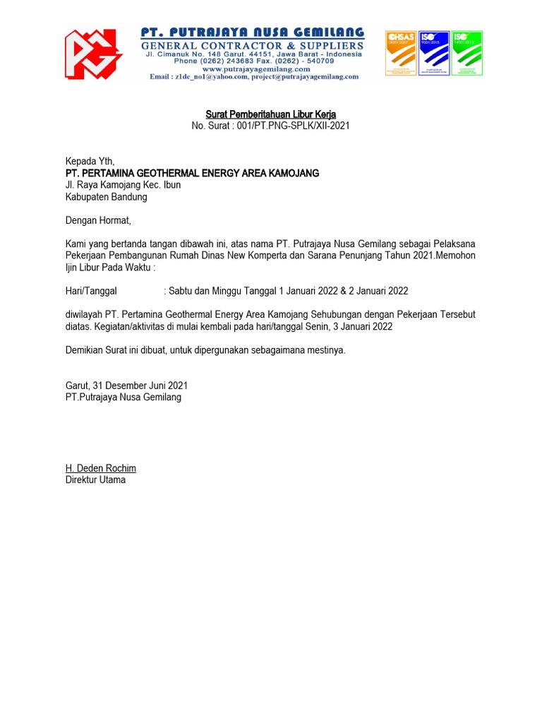 Surat Permohonan Izin Libur Kerja | PDF | Bisnis | Sains & Matematika