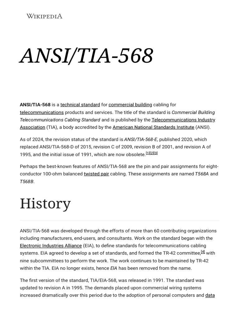 ANSI - TIA 568 Wikipedia | PDF | Electrical Components | Telecommunications