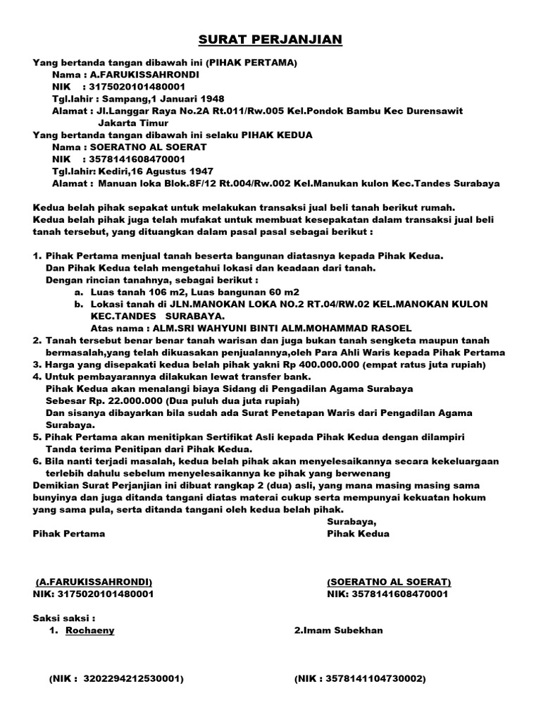 Surat Perjanjian Penjualan Rumah Tandes 02 | PDF