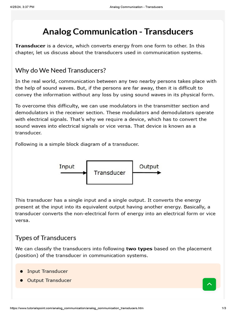 Analog Communication - Transducers | PDF | Communications System ...