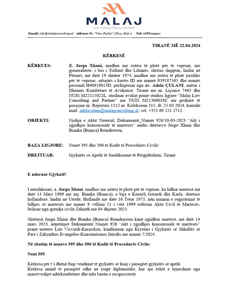 Kerkese Per Njohje Vendimi Te Huaj - Lorenc Xhani - Bianca | PDF