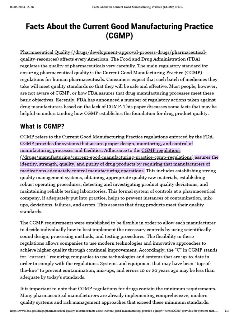 Facts About The Current Good Manufacturing Practice (CGMP) - FDA | PDF | Food And Drug ...