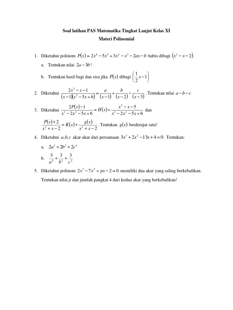 Soal Latihan PAS Matematika Tingkat Lanjut Kelas XI Materi Polinomial | PDF