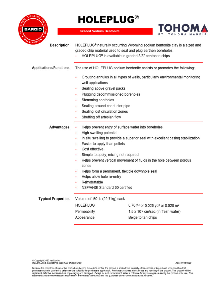TDS Dan MSDS Holeplug Tohoma-Baroid | PDF | Casing (Borehole)
