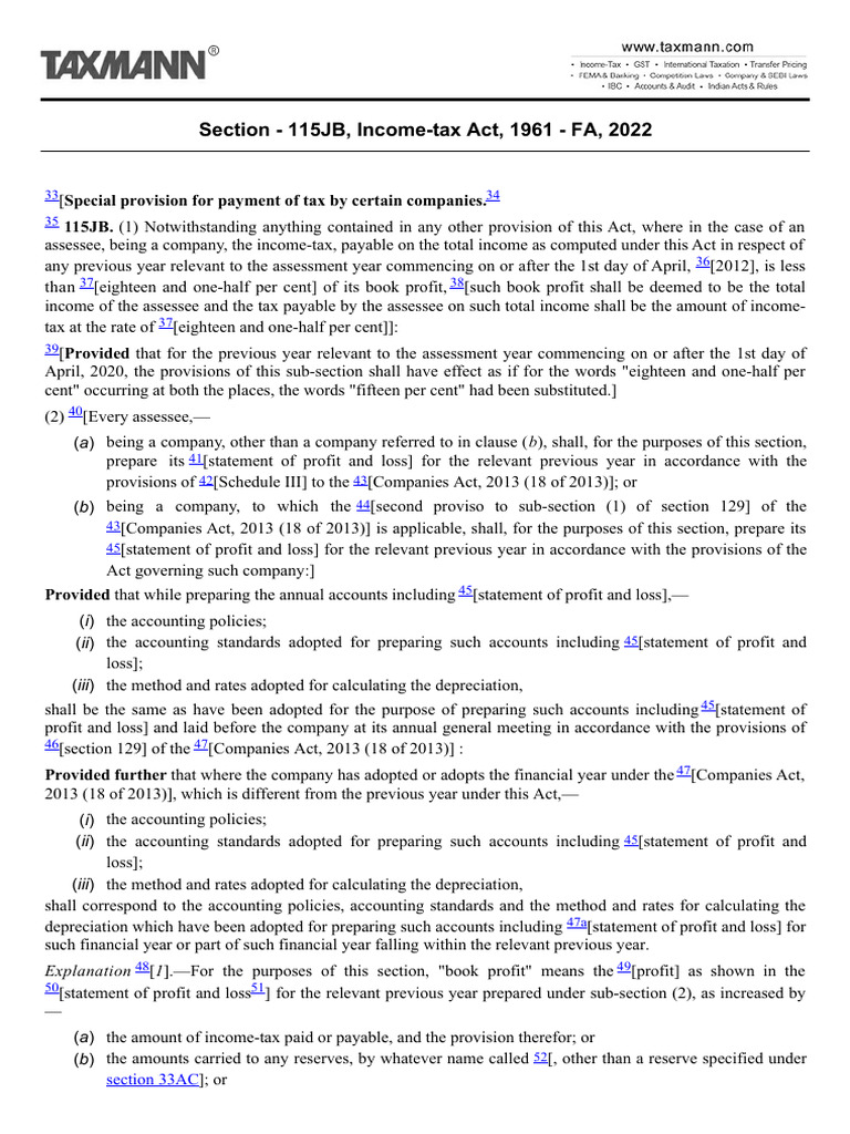 Section - 115JB Income-Tax Act 1961 - FA 2022 Special Provision For ...
