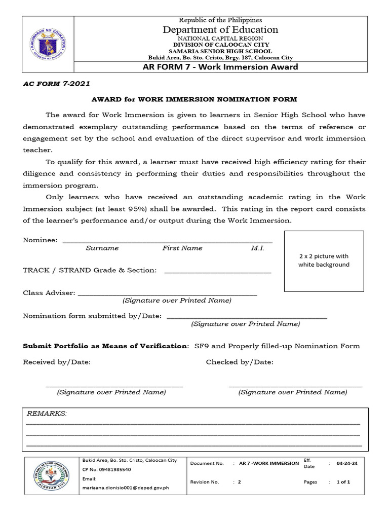 AR FORM7 Work Immersion Award | PDF