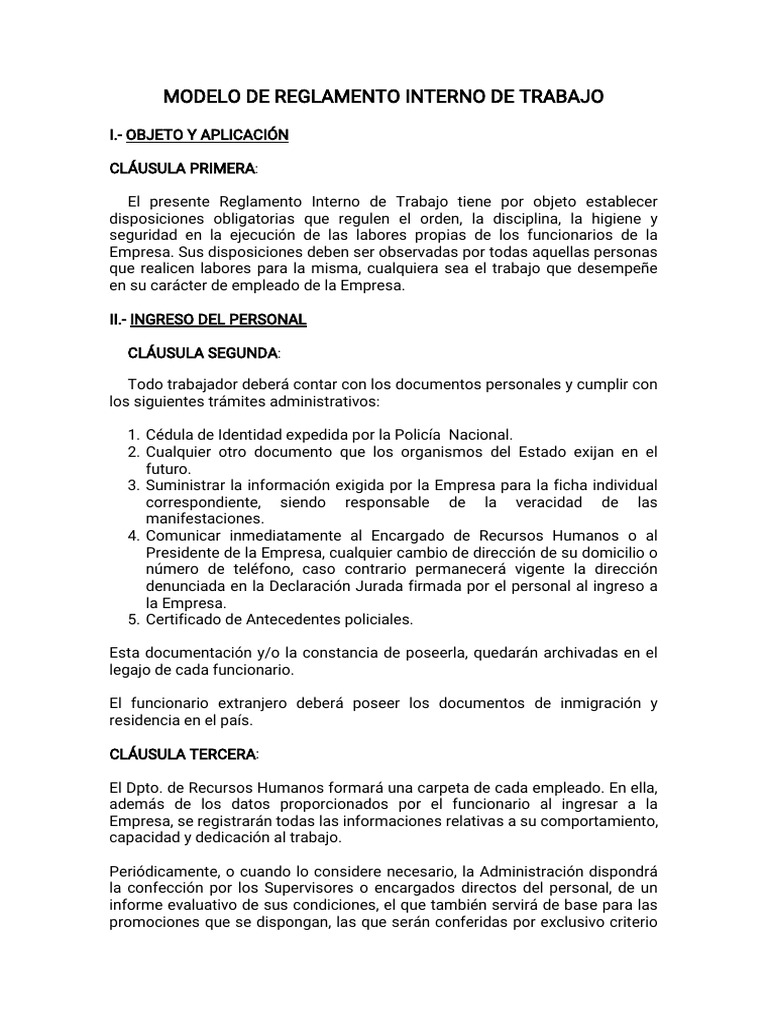 Modelo de Reglamento Interno de Trabajo | PDF