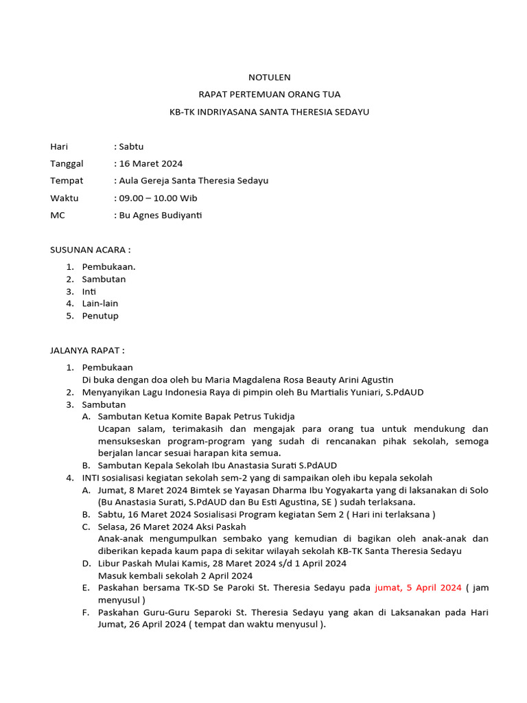 NOTULEN Rapat orang tua TK | PDF