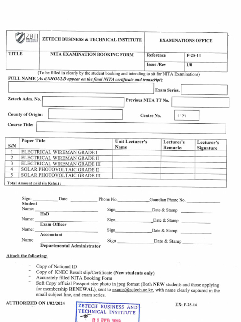 Nita April 2024 Exam Booking Form Amended | PDF