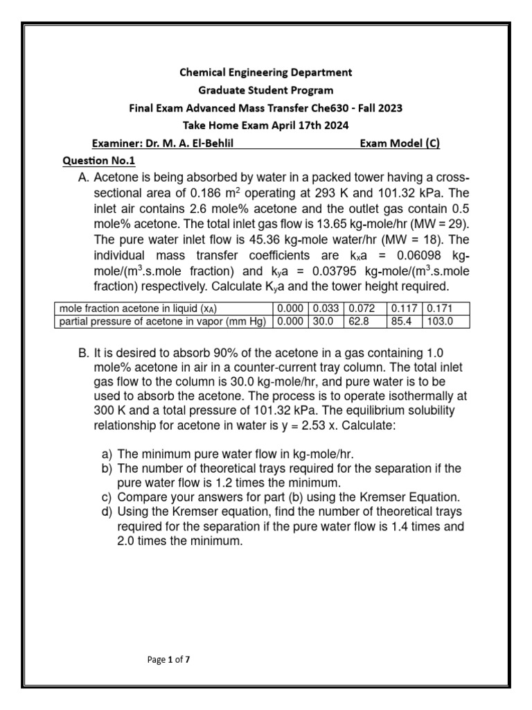 Che630 Advanced Mass Transfer Take Home Exam Model C PDF | PDF | Distillation | Viscosity