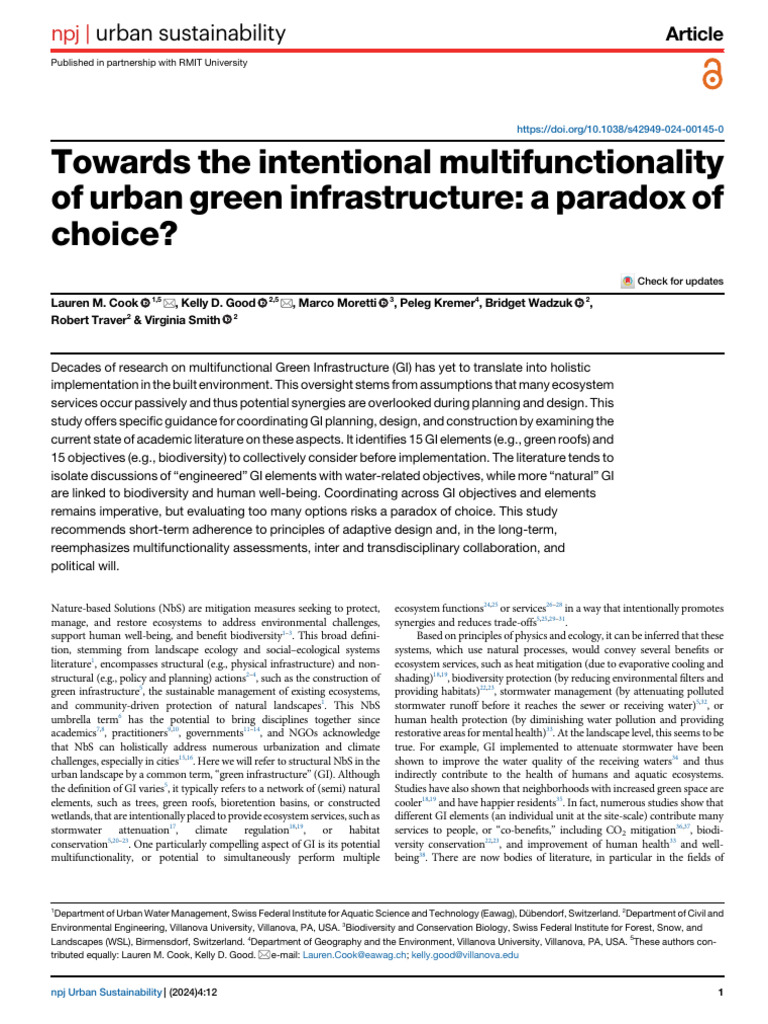 Towards The Intentional Multifunctionality of Urban Green Infrastructure A Paradox of Choicenpj ...