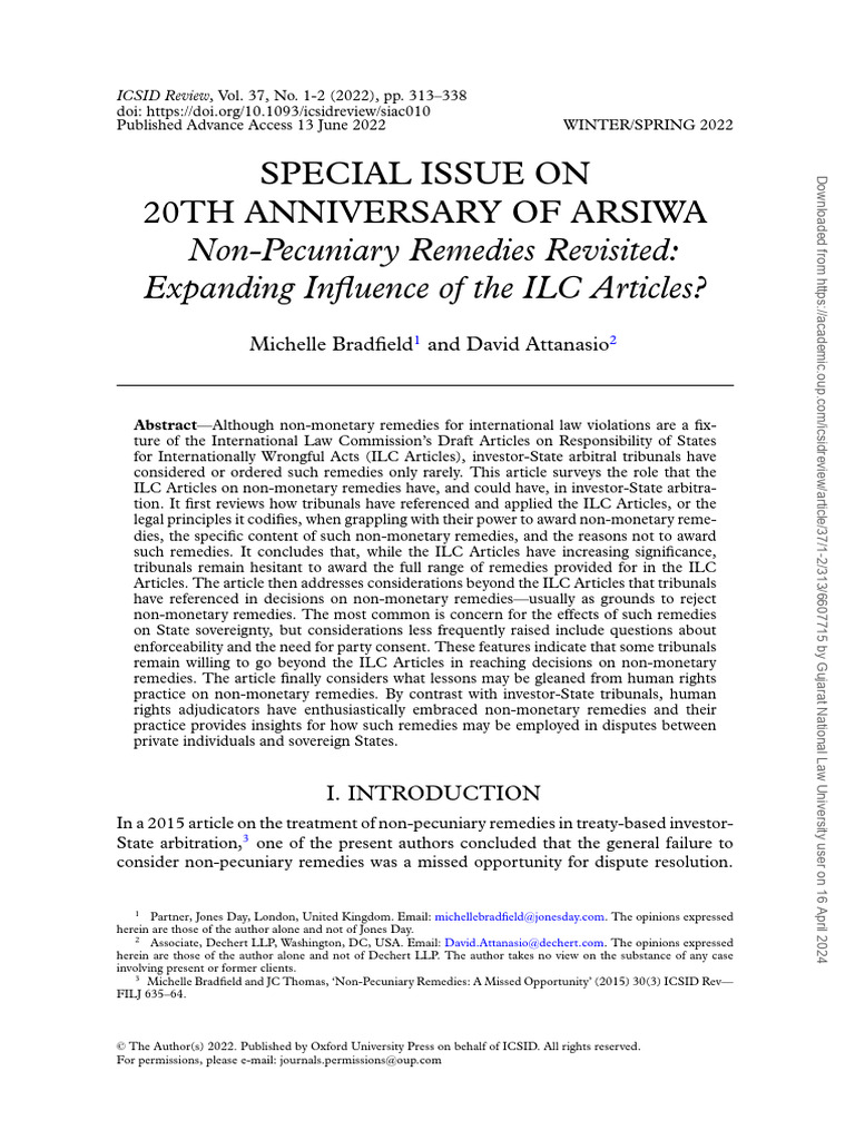 Non-Pecuniary Remedies Revisited Expanding Influence of The ILC ...