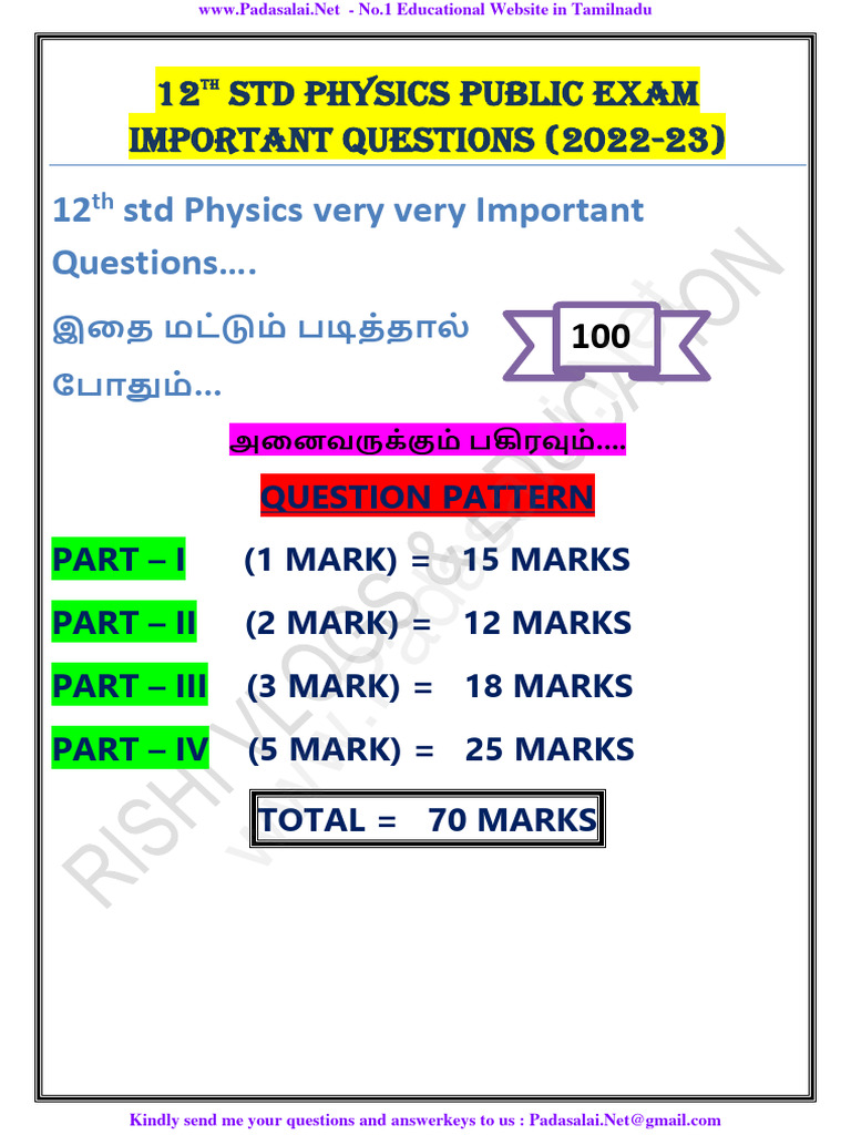 12th Physics Important Questions To Public Exam 2023 English Medium PDF ...