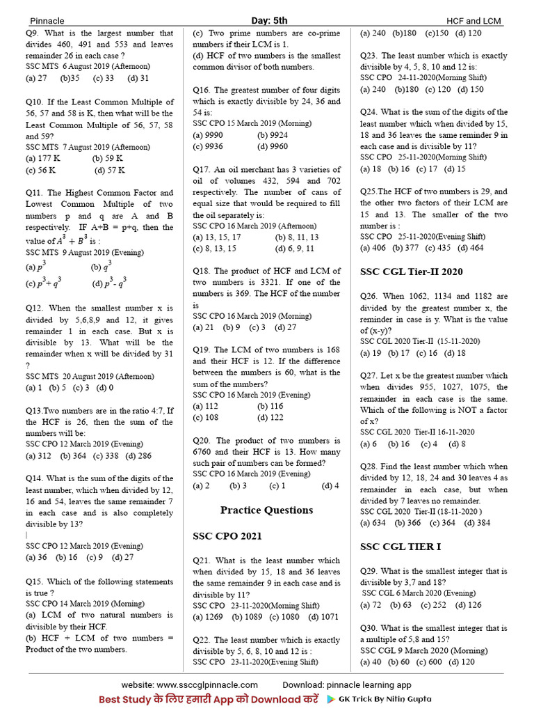 HCFLCM Questions | PDF | Abstract Algebra | Arithmetic