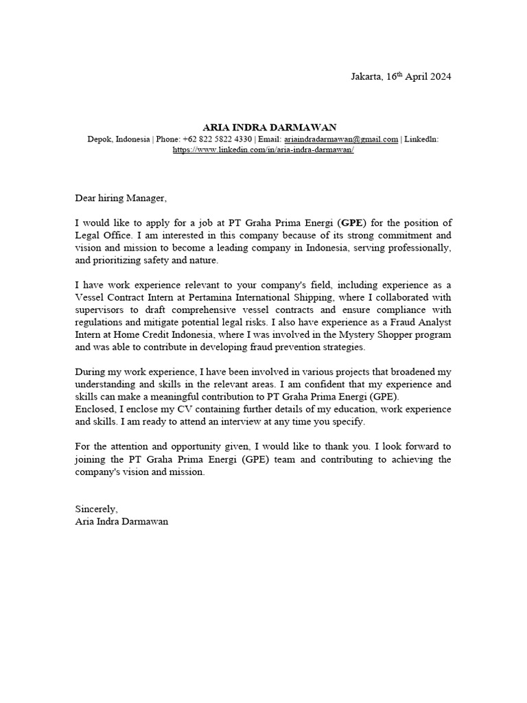 Cover Letter PGE | PDF