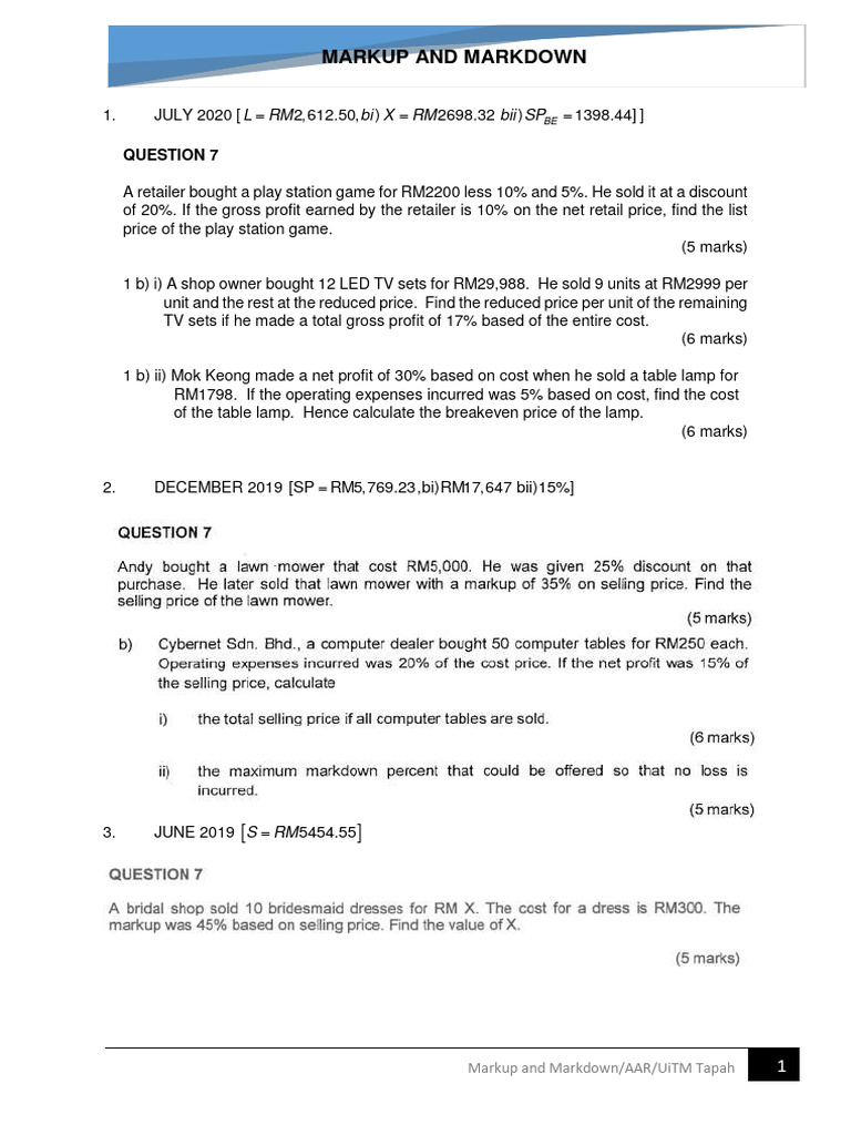 Final Exam Mark Up Mark Down | PDF