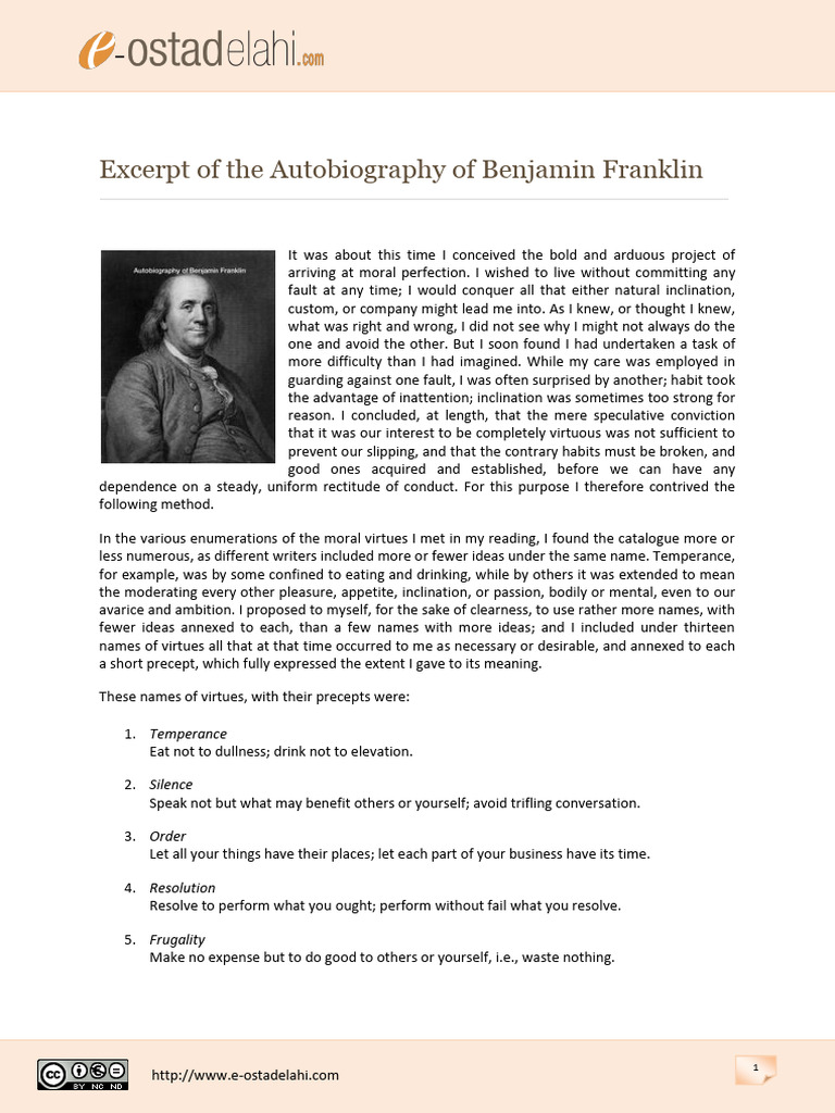 Benjamin Franklin Autobiography Part 2 | PDF | Virtue