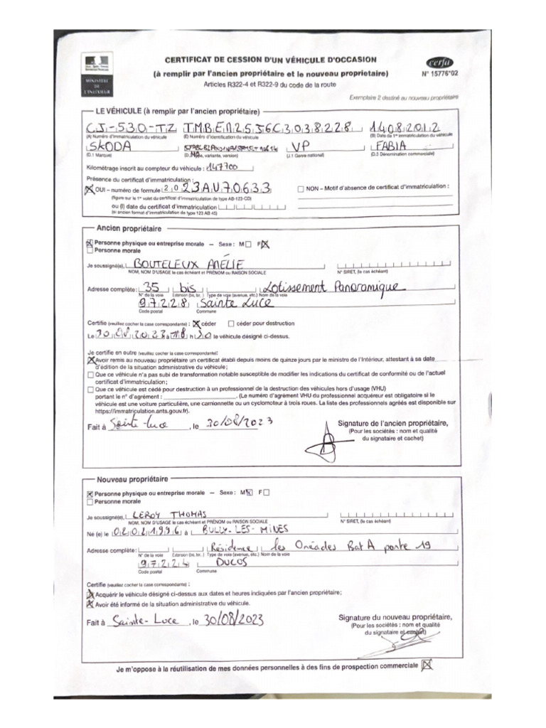 Certificat de Cession D'un Véhicule D'occasion-1 | PDF