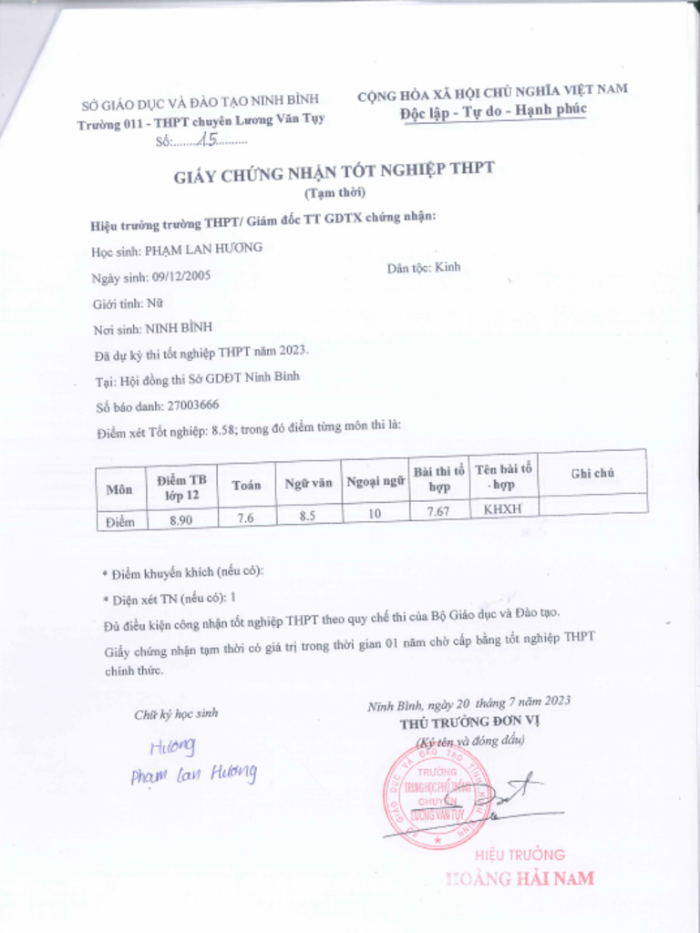 Giay Chung Nhan Tot Nghiep THPT | PDF