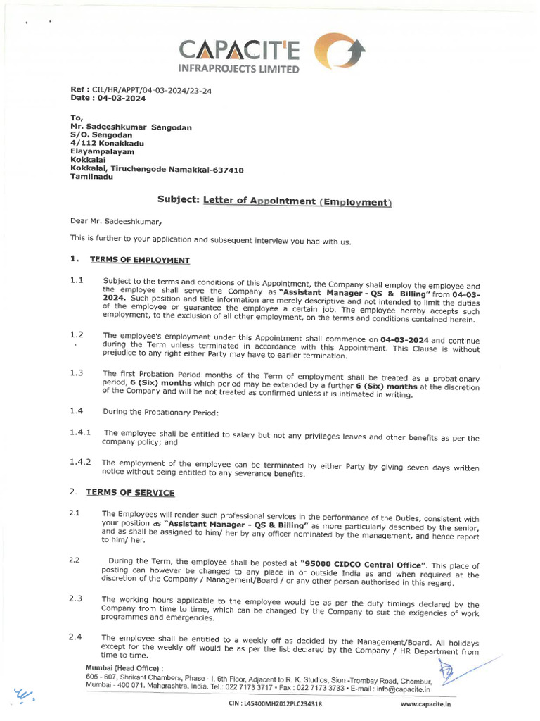Appointment Letter - Sadeesh | PDF