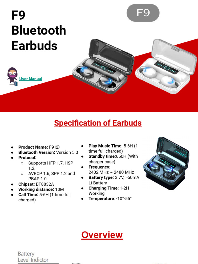 F9 Bluetooth Earbuds User Manual 1 | PDF | Headphones | Bluetooth