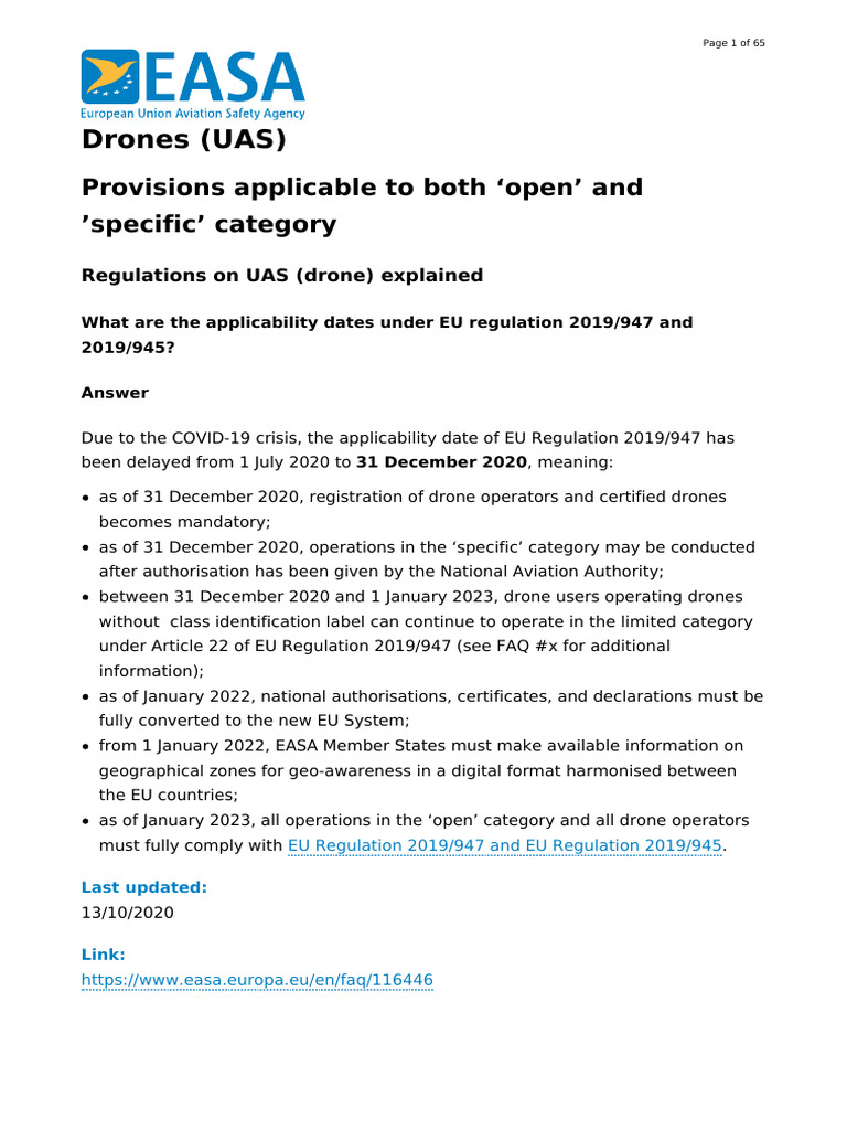 Easa - Drones Uas | PDF | Unmanned Aerial Vehicle | Regulatory Compliance