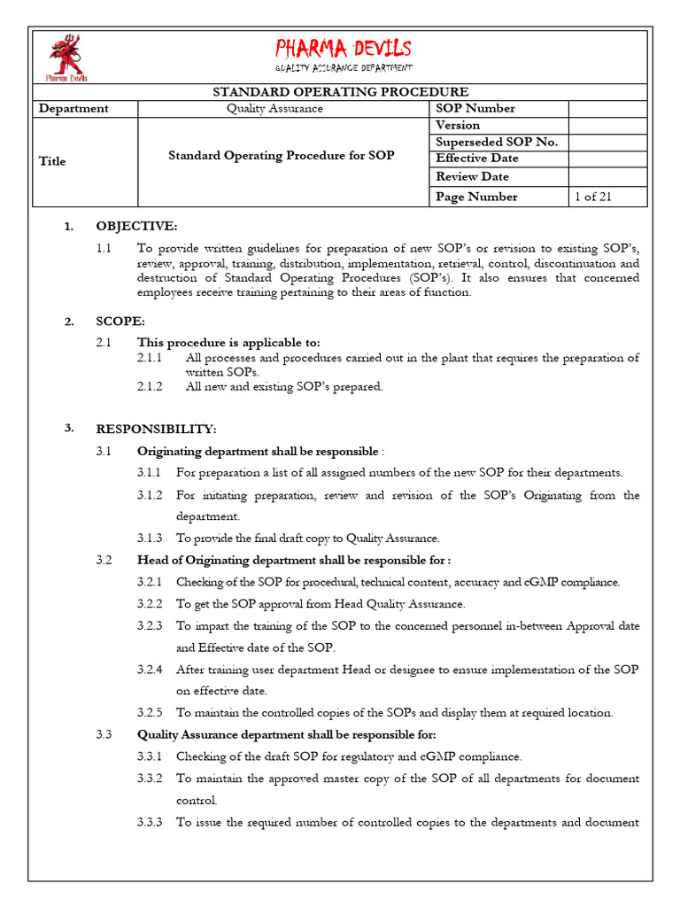 SOP For SOP | PDF | Quality Assurance | Regulatory Compliance