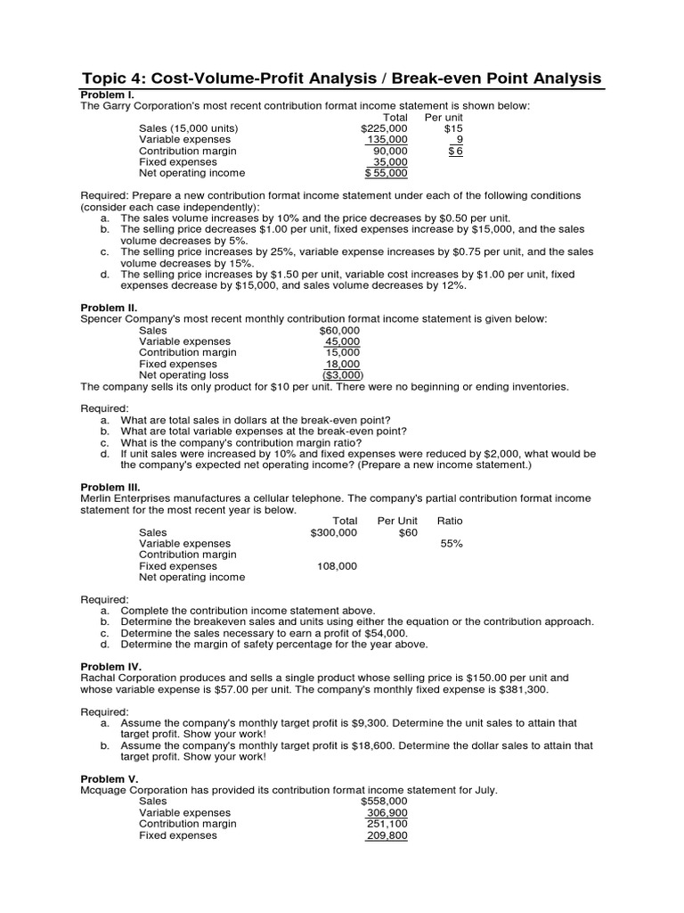 Topic 4 Cost-Volume-Profit Analysis & Break-Even Point Analysis CE ...