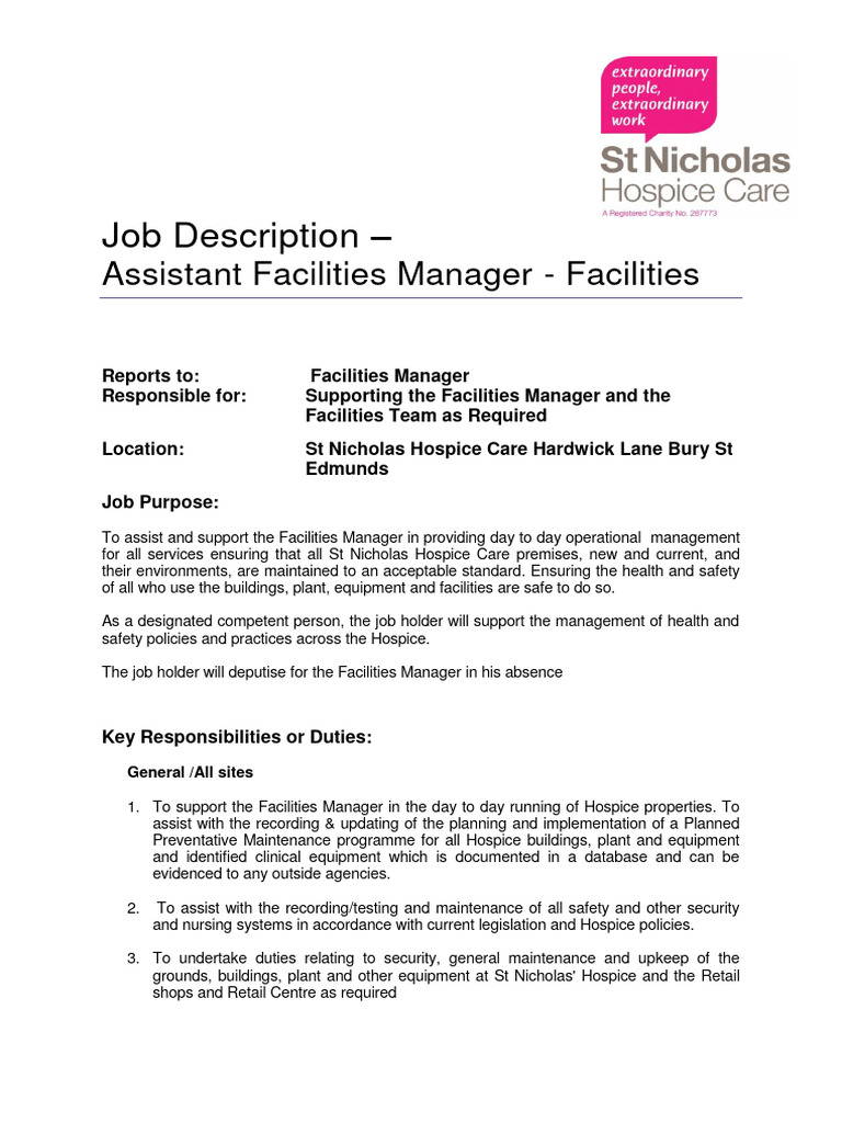 Assistant Facilities Manager Role Overview | PDF | Occupational Safety ...